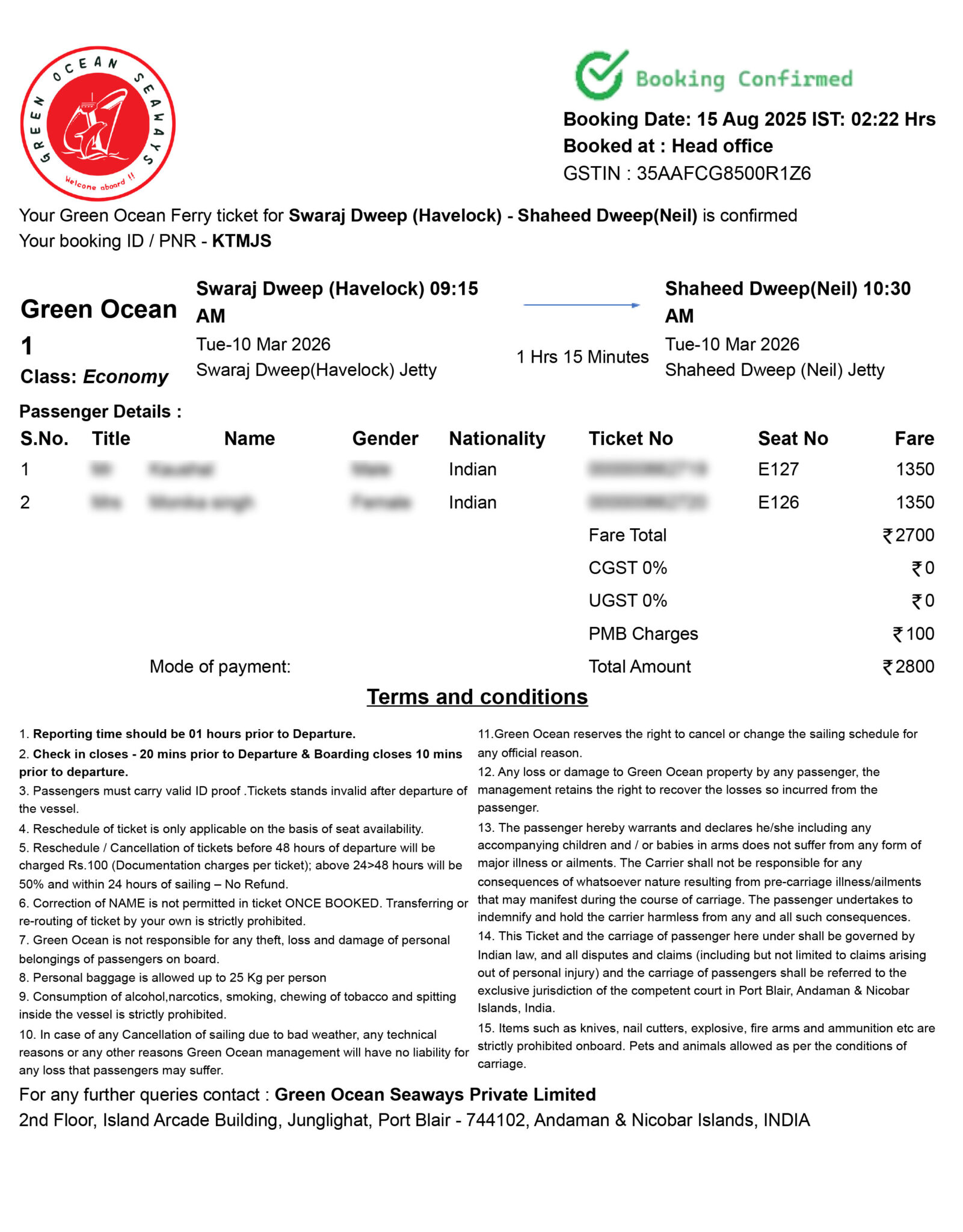 Port Blair to Havelock Ferry Booking Online - Instant Ticket & PNR